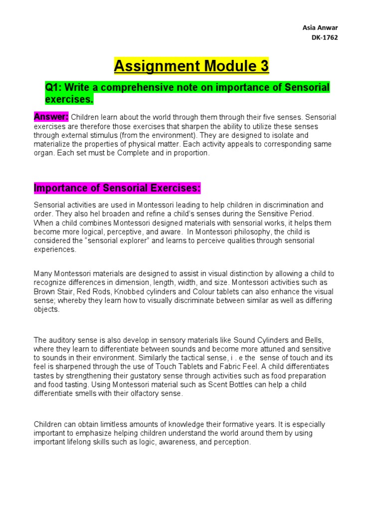 Assignment Module 3: Q1: Write A Comprehensive Note On Importance of Sensorial Exercises | PDF ...