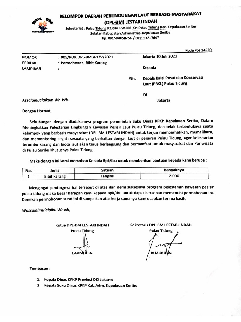 Surat Permohonan Bibit Karang | PDF