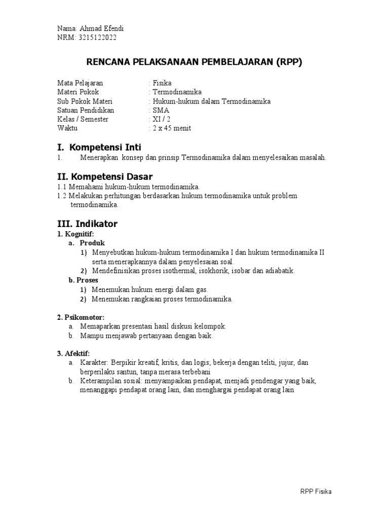 RPP Fisika: Hukum Termodinamika SMA | PDF | Metode & Bahan Ajar ...