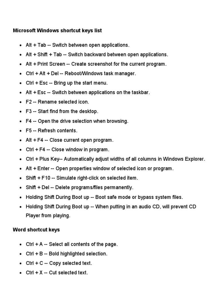Microsoft Windows Shortcut Keys List | PDF | Ibm Pc Compatibles ...
