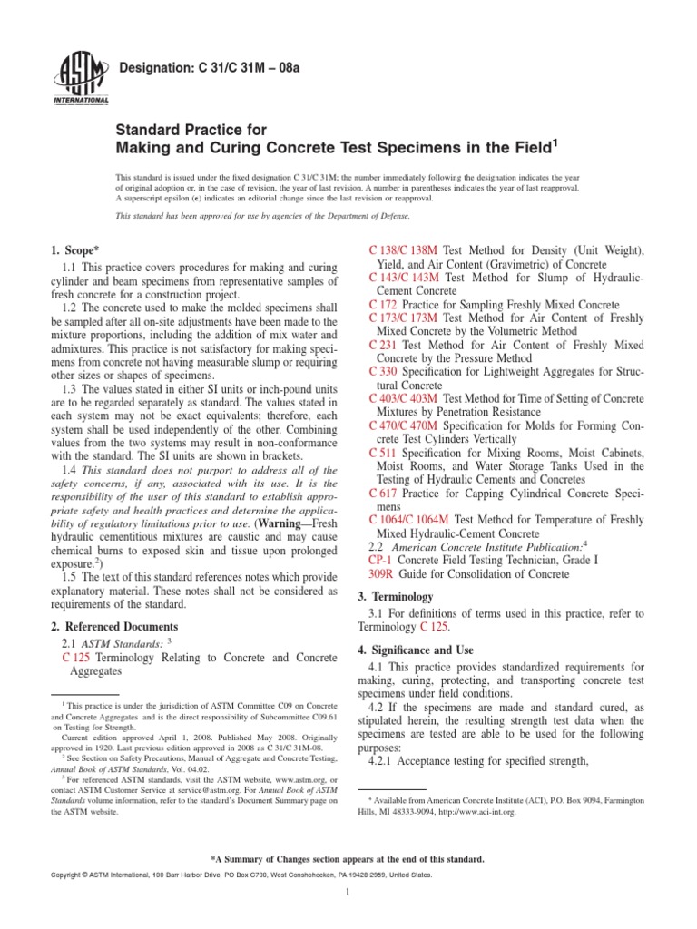 ASTM C31 - 2008 - Standard Practice For Making and Curing Concrete Test ...