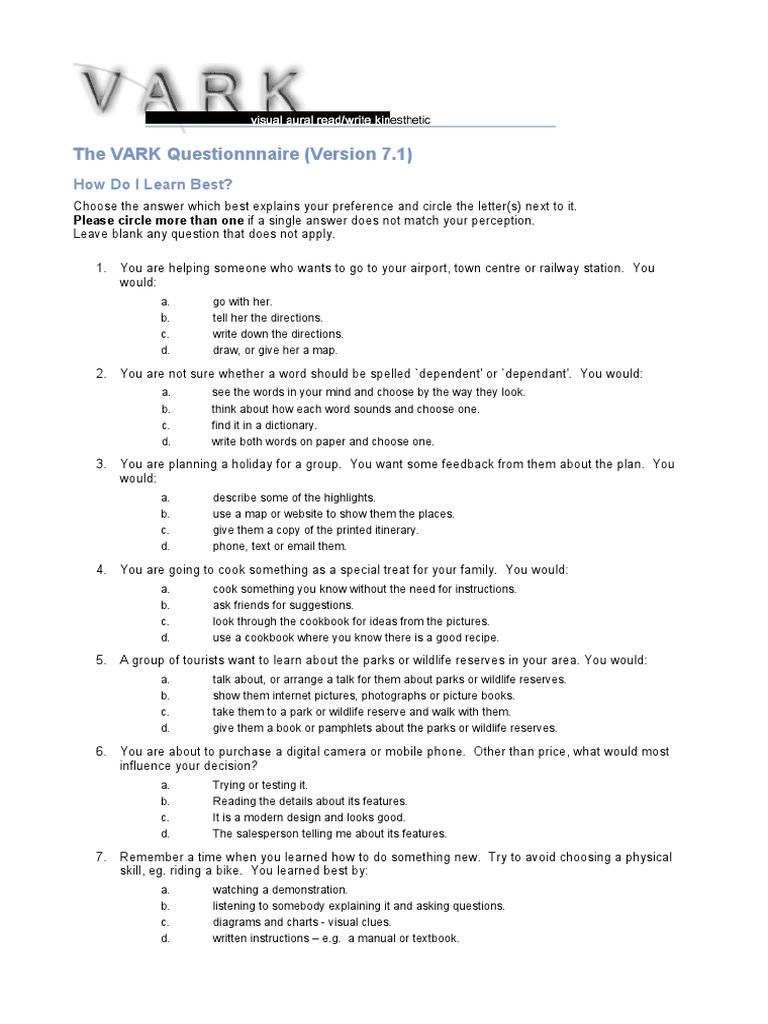 The VARK Questionnaire | PDF | Cognition | Communication