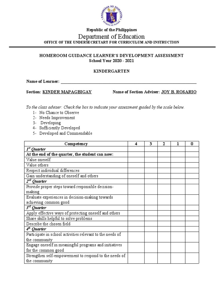 Department of Education: To The Class Adviser: Check The Box To ...