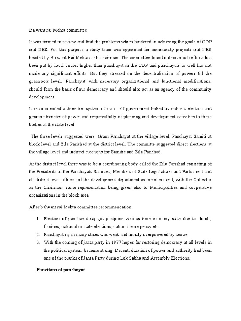 Balwant Rai Mehta Committee | PDF