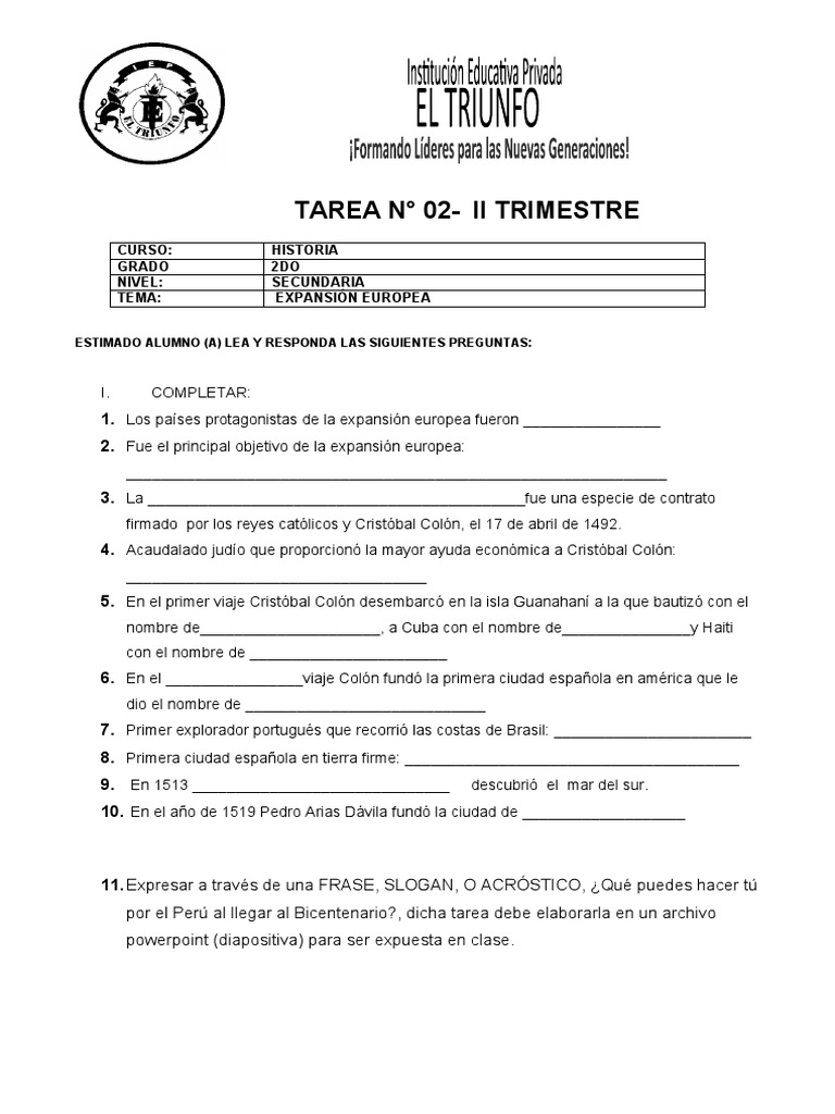 Expansión Europea: Tarea Historia 2° Secundaria | PDF