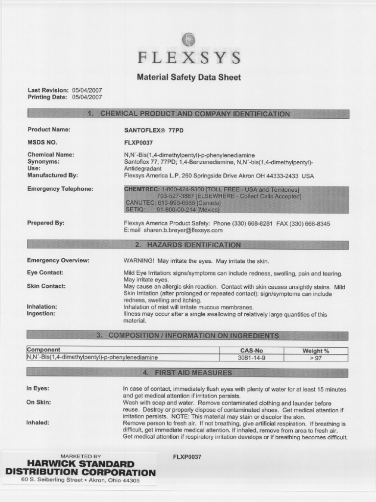 Flexsys Santoflex 77PD | PDF | Glove | Toxicity