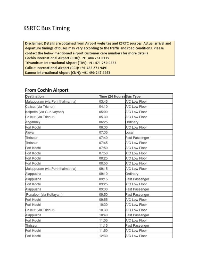 KSRTC Bus Timing: From Cochin Airport | Download Free PDF | Road ...