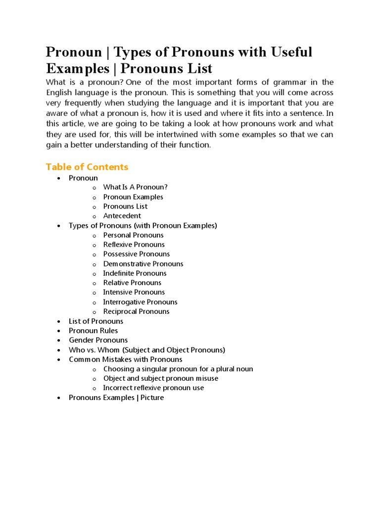 Pronoun - Types of Pronouns With Useful Examples - Pronouns List | PDF ...