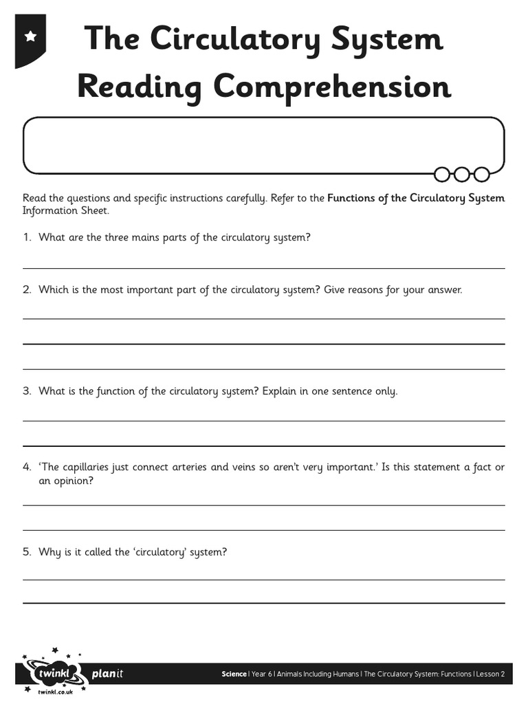 Year 6 Science and Reading The Circulatory System Comprehension 3 ...