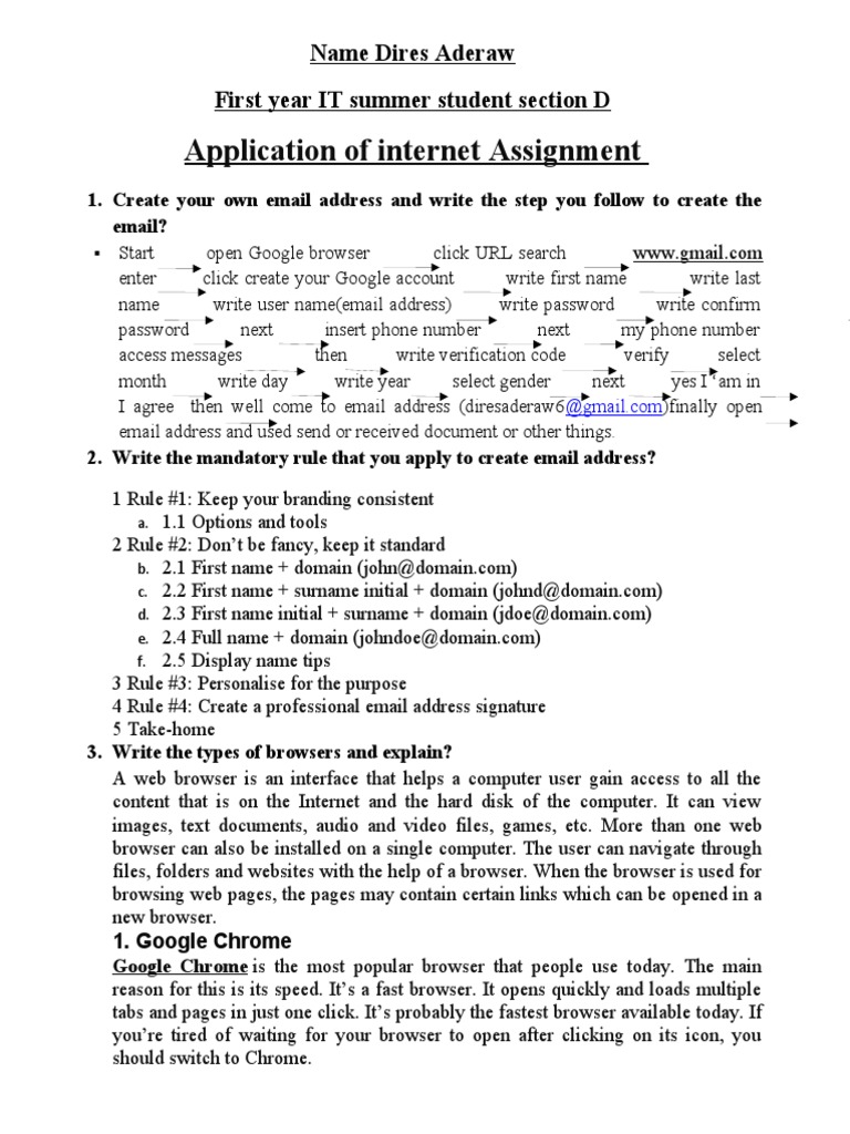 Application of Internet Assignment: Name Dires Aderaw First Year IT ...