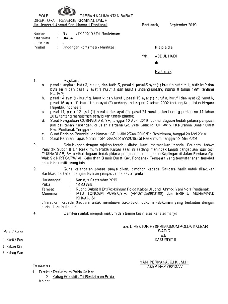 Undangan Klarifikasi Abdul Hadi | PDF