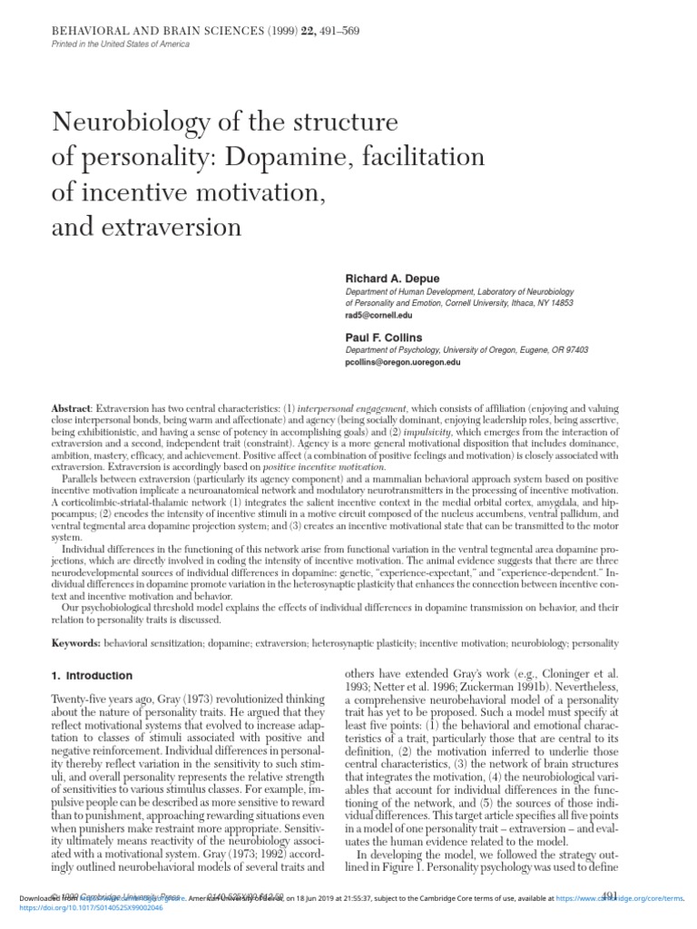 Neurobiology of The Structure of Personality Dopamine, Facilitation of ...