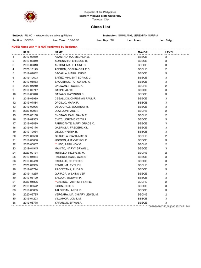 Fil 001-Ece3b For Ay 2021-2022 Sem 1 Class List | PDF