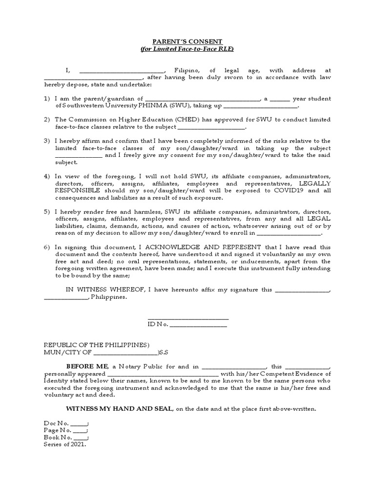 Parent'S Consent: (For Limited Face-to-Face RLE) | PDF | Consent | Private Law