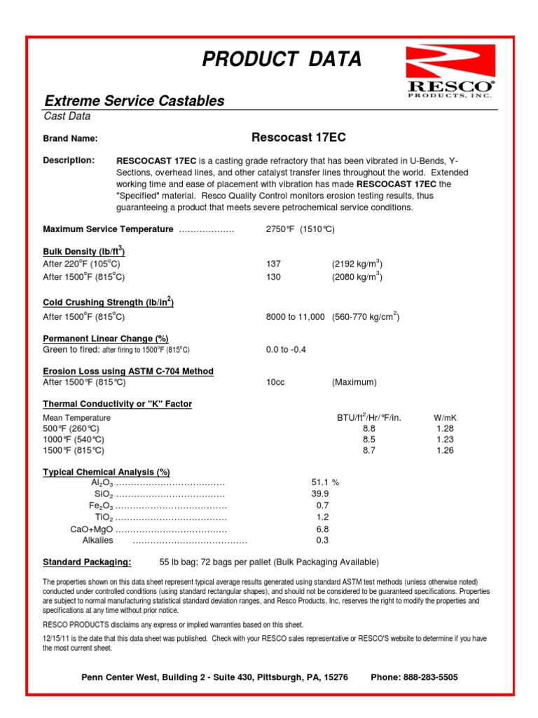 Rescocast 17EC Refractory Data Sheet | PDF | Refractory | Applied And ...