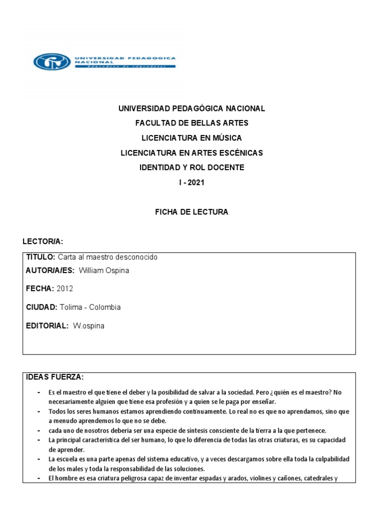 FICHA DE LECTURA - Carta Al Maestro Desconocido | PDF | Aprendizaje ...