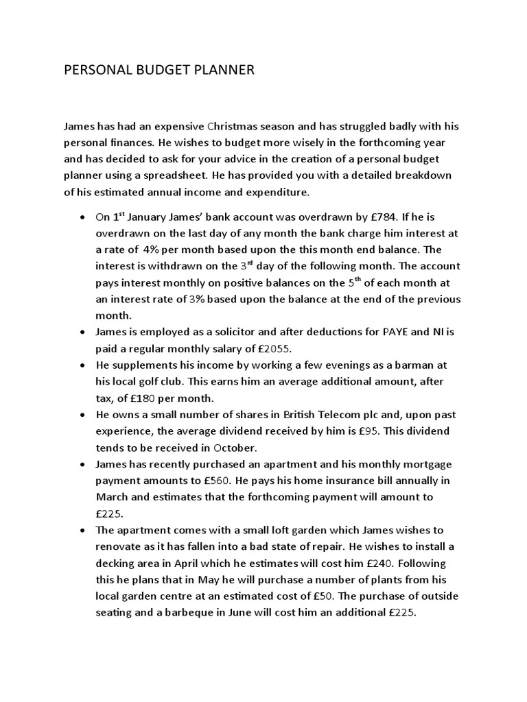 Personal Budget Planner (James - Question) | PDF | Interest | Dividend