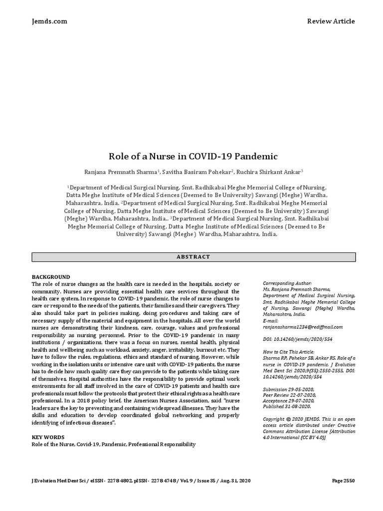Role of A Nurse in COVID-19 Pandemic | PDF | Preventive Healthcare ...