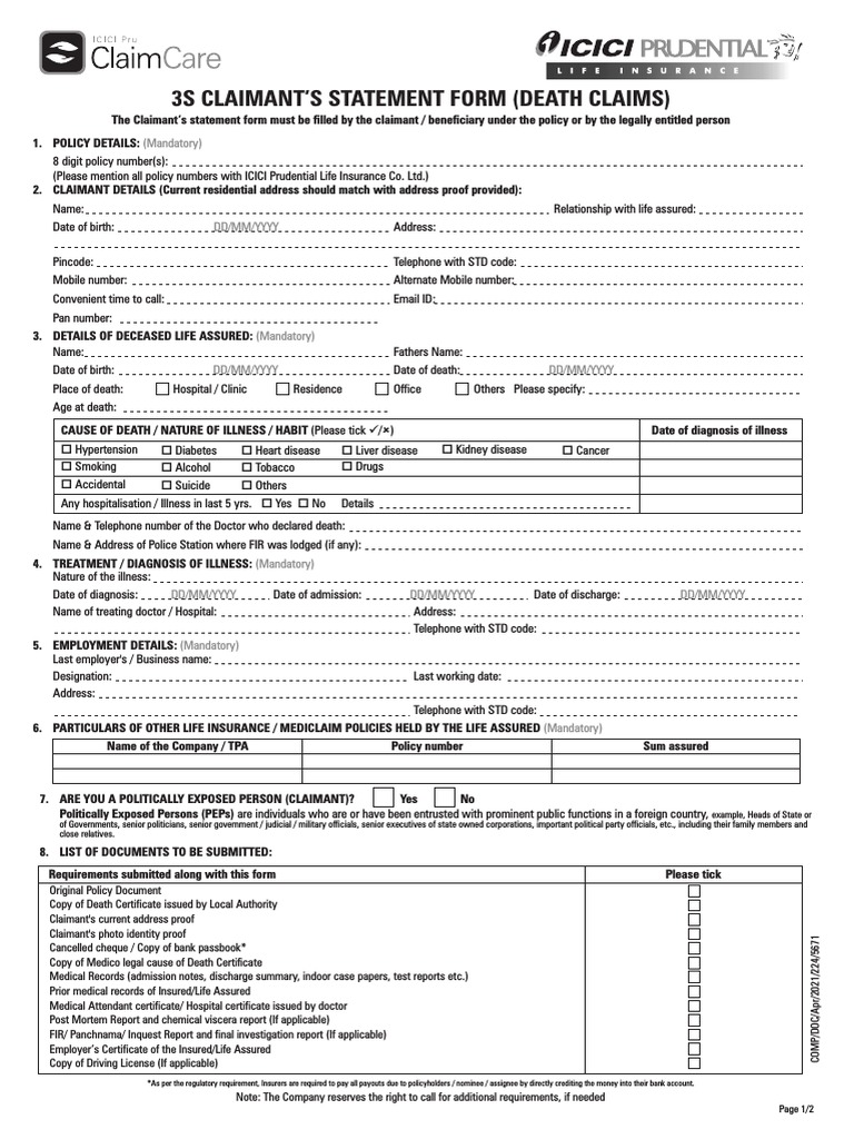 3S Claimant'S Statement Form (Death Claims) : (Mandatory) | PDF ...