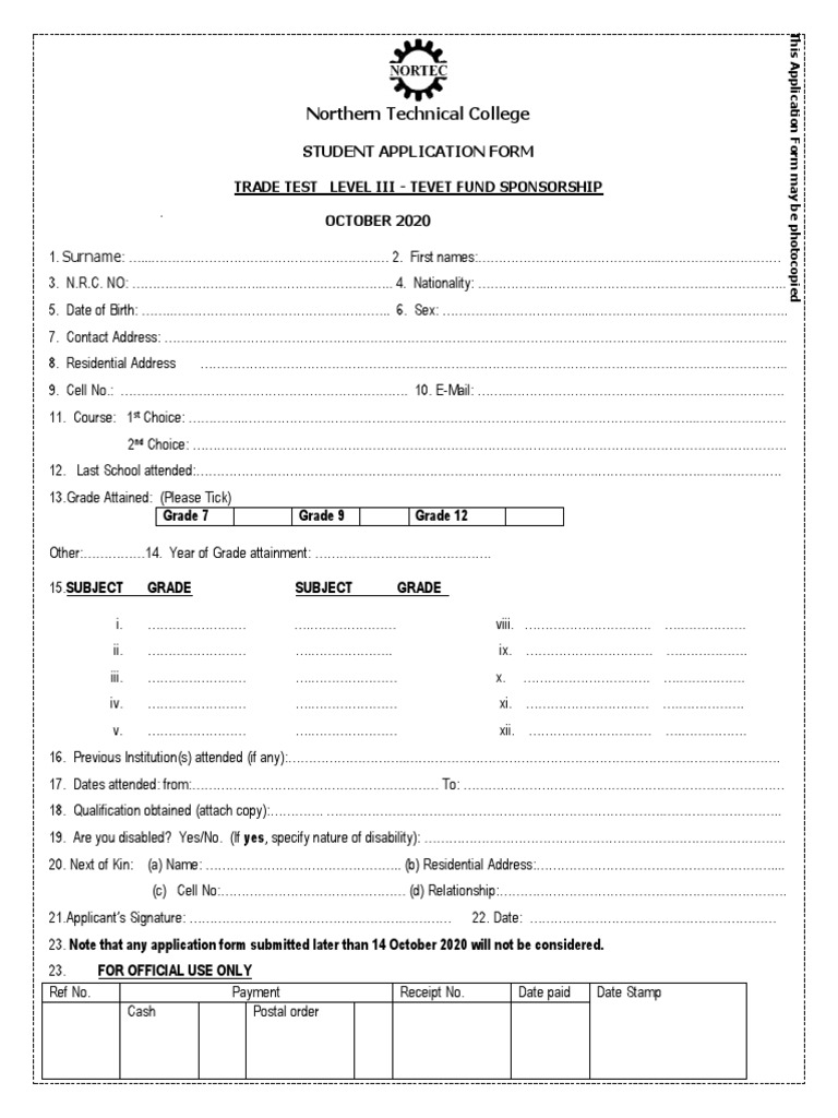 Northern Technical College: Student Application Form | PDF
