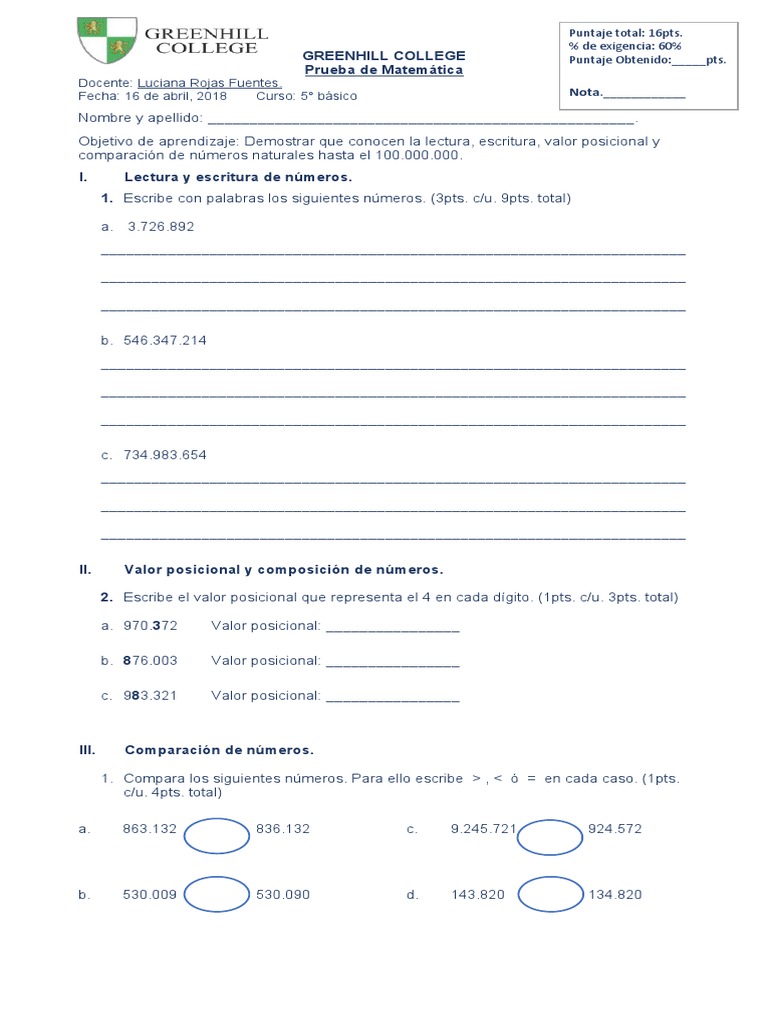 Prueba 5°básico Matemática N° Hasta 100.000.000, Valor Posicional ...