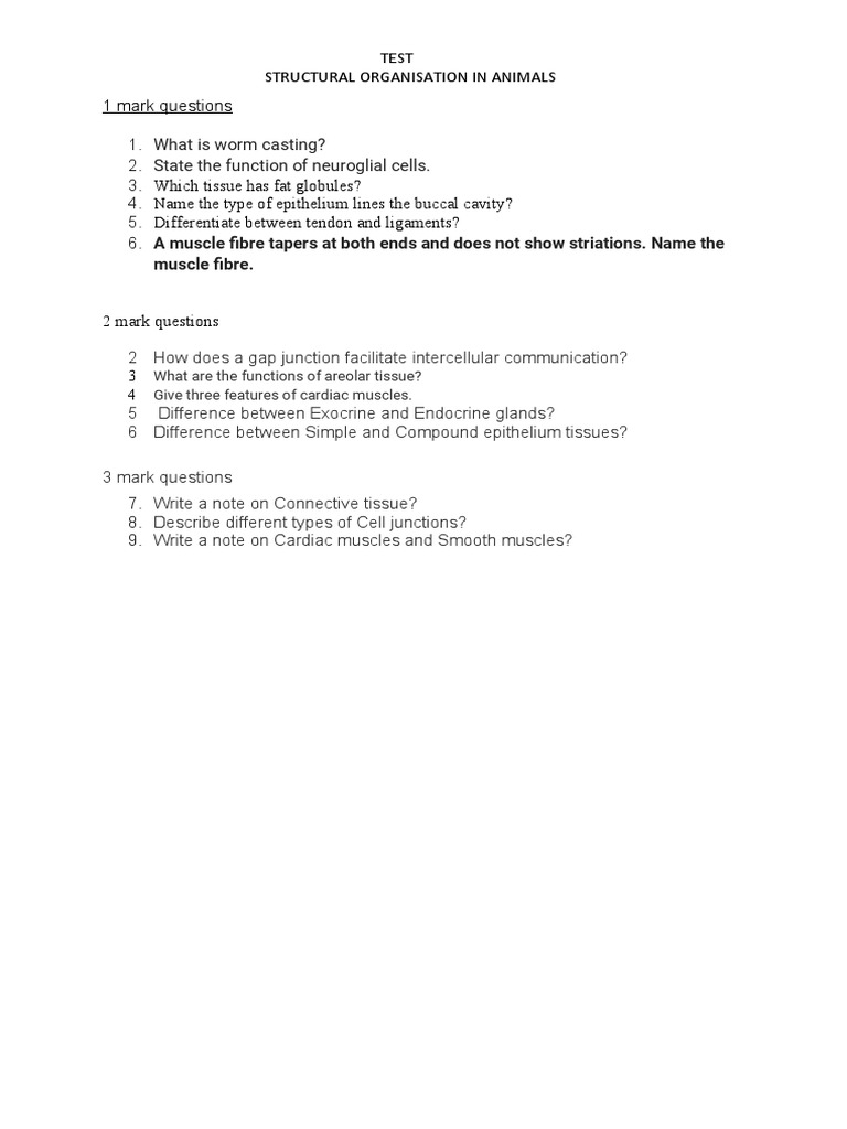 Test Structural Organisation in Animals | PDF | Science & Mathematics