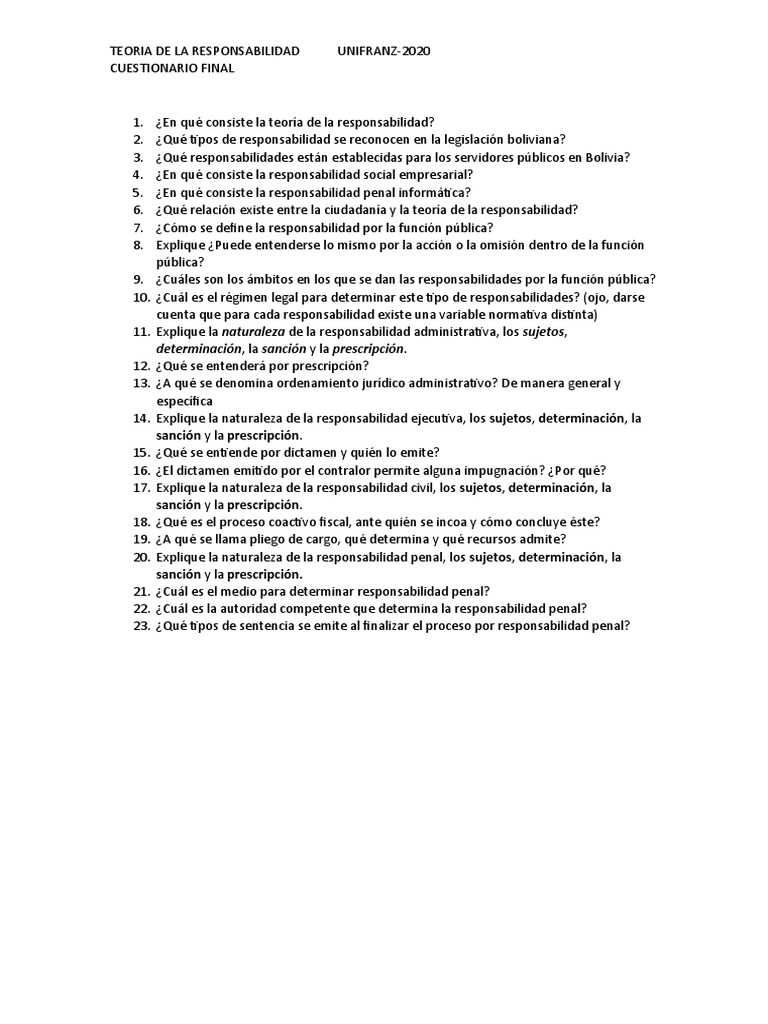 Cuestionario Final Teoria de La Responsabilidad | PDF