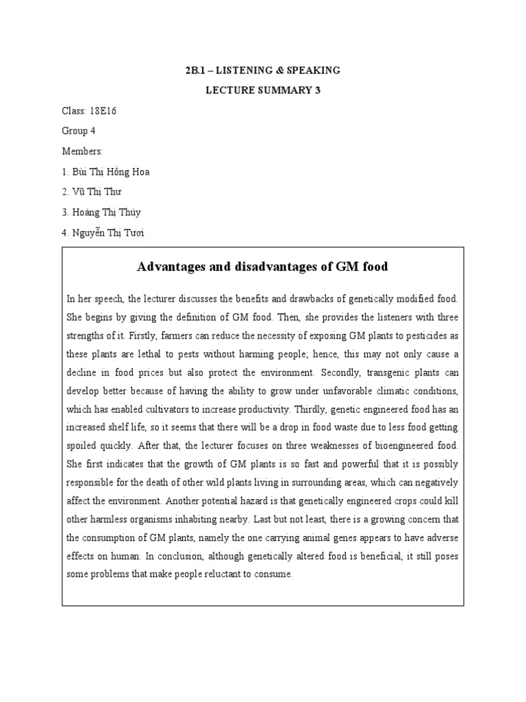 Advantages and Disadvantages of GM Food: 2B.1 - Listening & Speaking ...