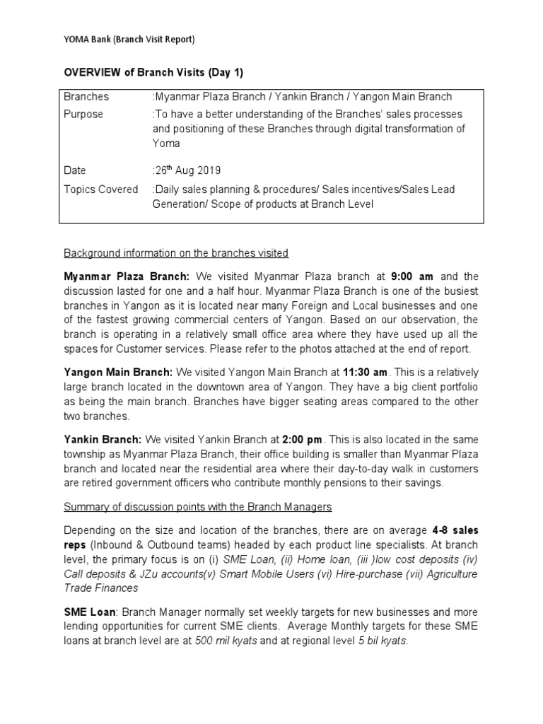 YOMA Bank (Branch Visit Report) | PDF | Banks | Sales