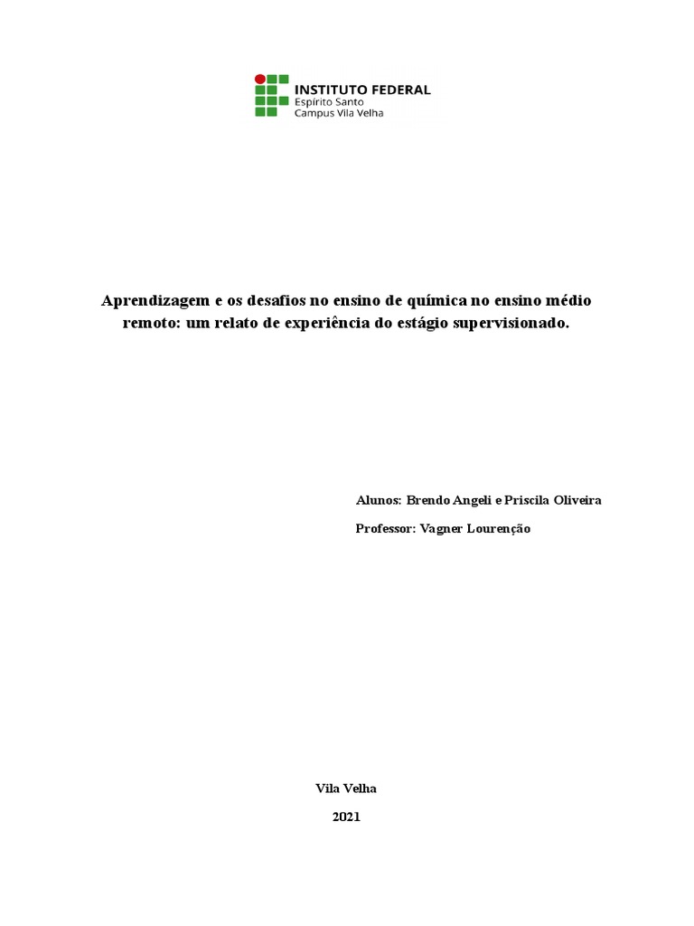 Aprendizagem e Os Desafios No Ensino de Qu - Mica No Ensino M - Dio Remoto: Um Relato de Experi ...