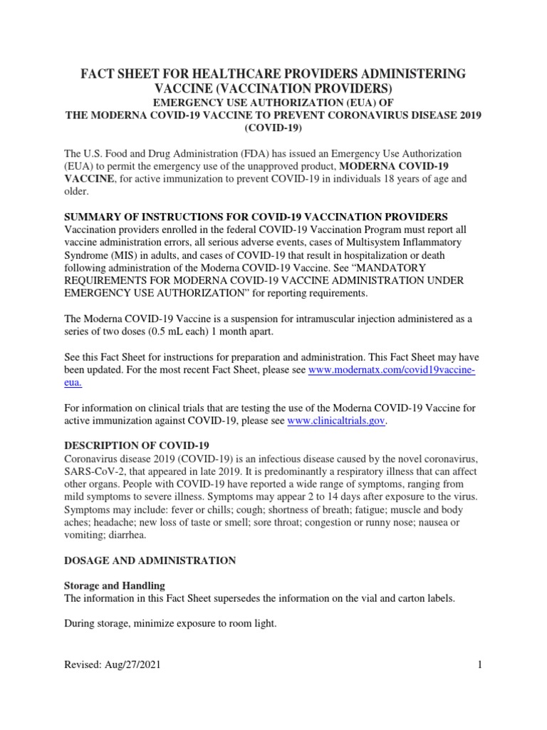 Moderna COVID 19 Vaccine Fact Sheet Providers | PDF | Pharmacology ...