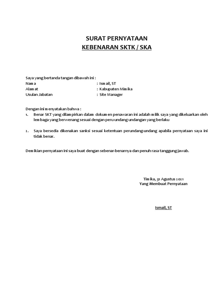 Surat Pernyataan Benar SKT | PDF