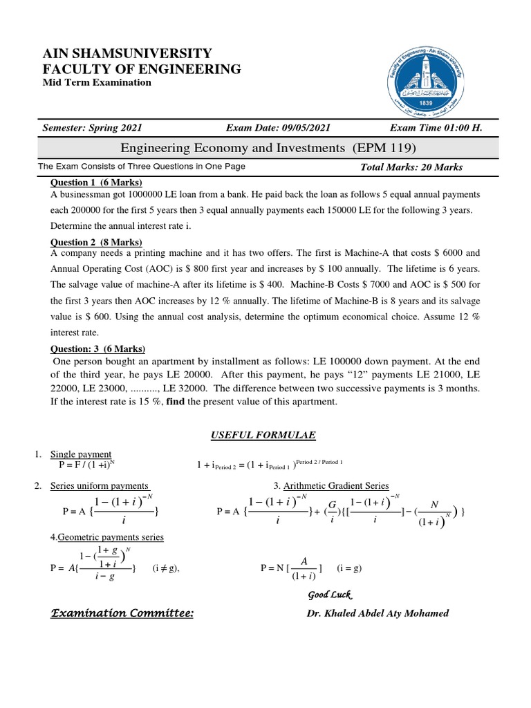 Engineering Economy Midterm Exam 2021 | PDF | Interest | Banking