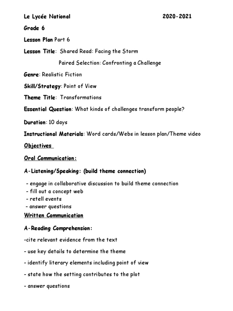 Transformations Lesson Plan | PDF | Verb | Reading Comprehension