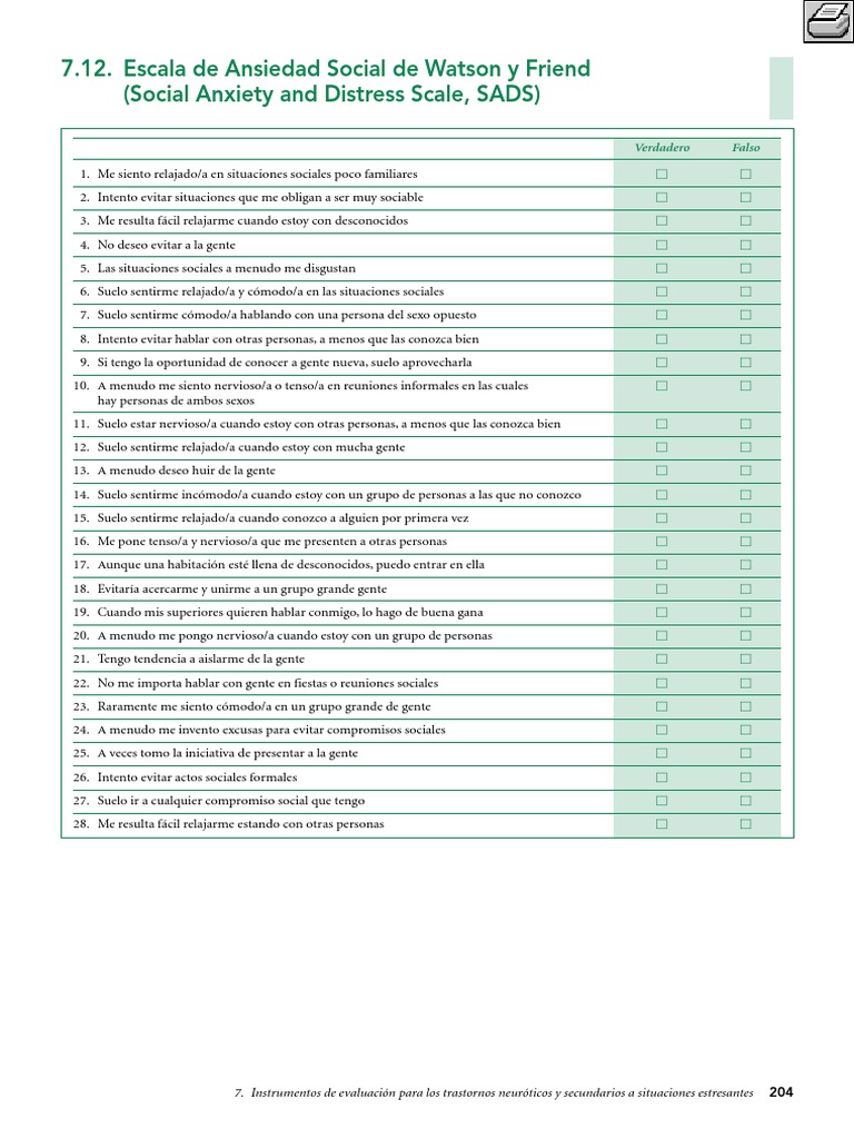 SADS-Escala de Ansiedad Social de Watson y Friend | PDF