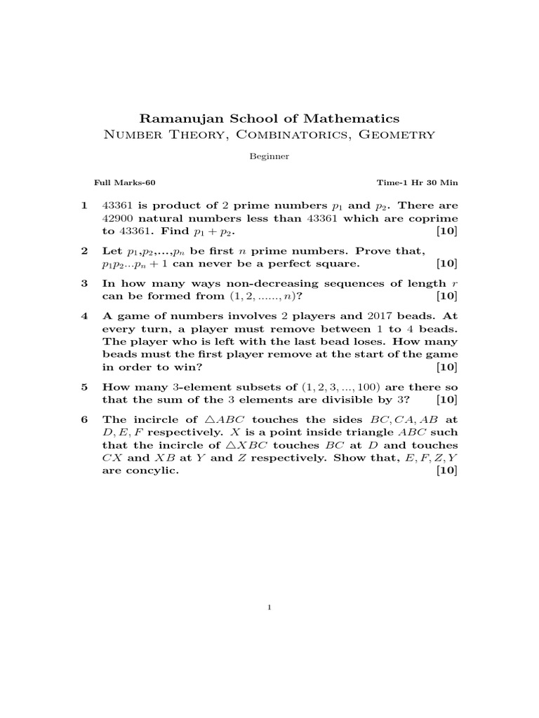 Ramanujan School of Mathematics Number Theory, Combinatorics, Geometry ...
