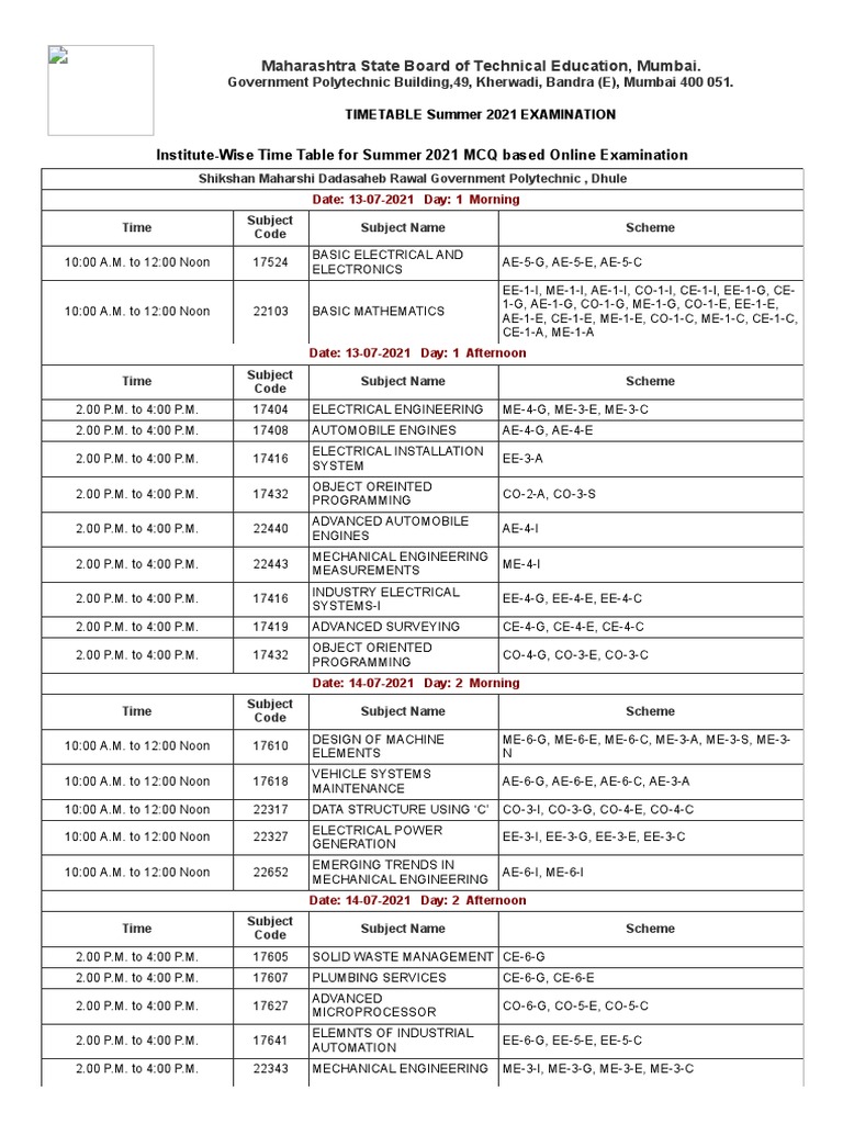 Institute-Wise Time Table For Summer 2021 MCQ Based Online Examination ...