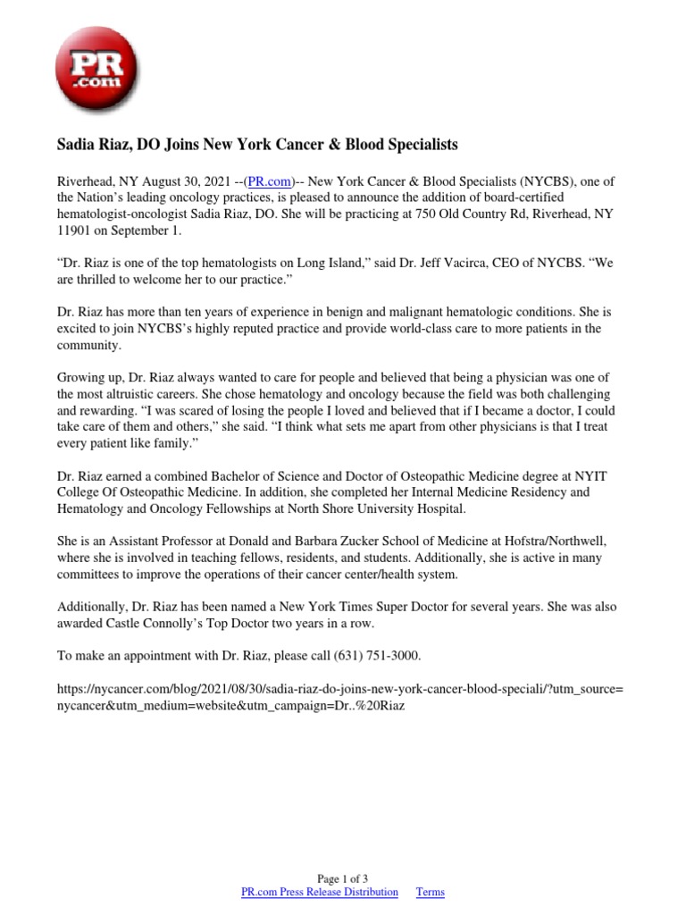 Sadia Riaz, DO Joins New York Cancer & Blood Specialists | PDF ...