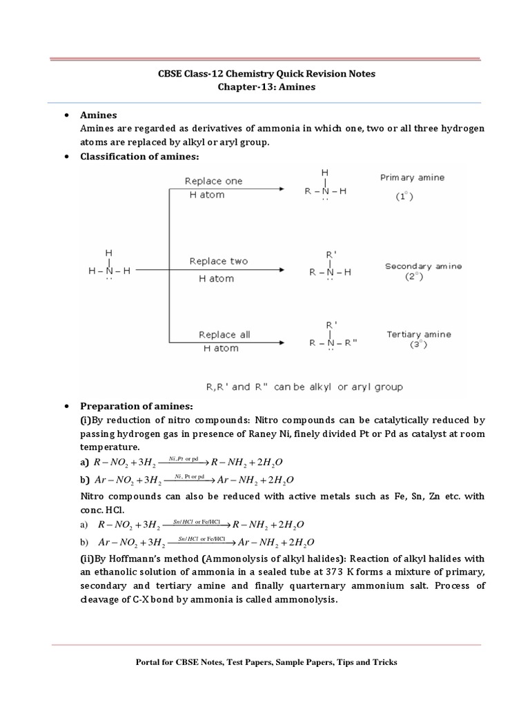 CBSE Class-12 Chemistry Quick Revision Notes Chapter-13: Amines Amines ...