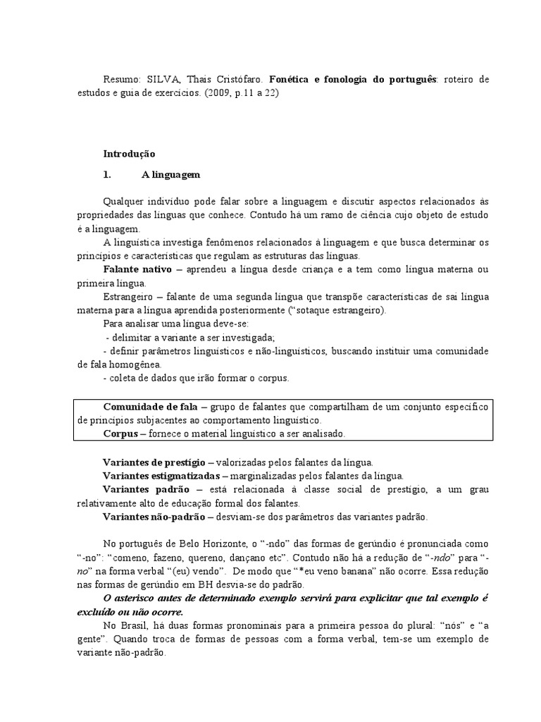 Resumo SILVA - Thais Cristófaro. Fonética e Fonologia Do Português Roteiro de Estudos e Guia de ...