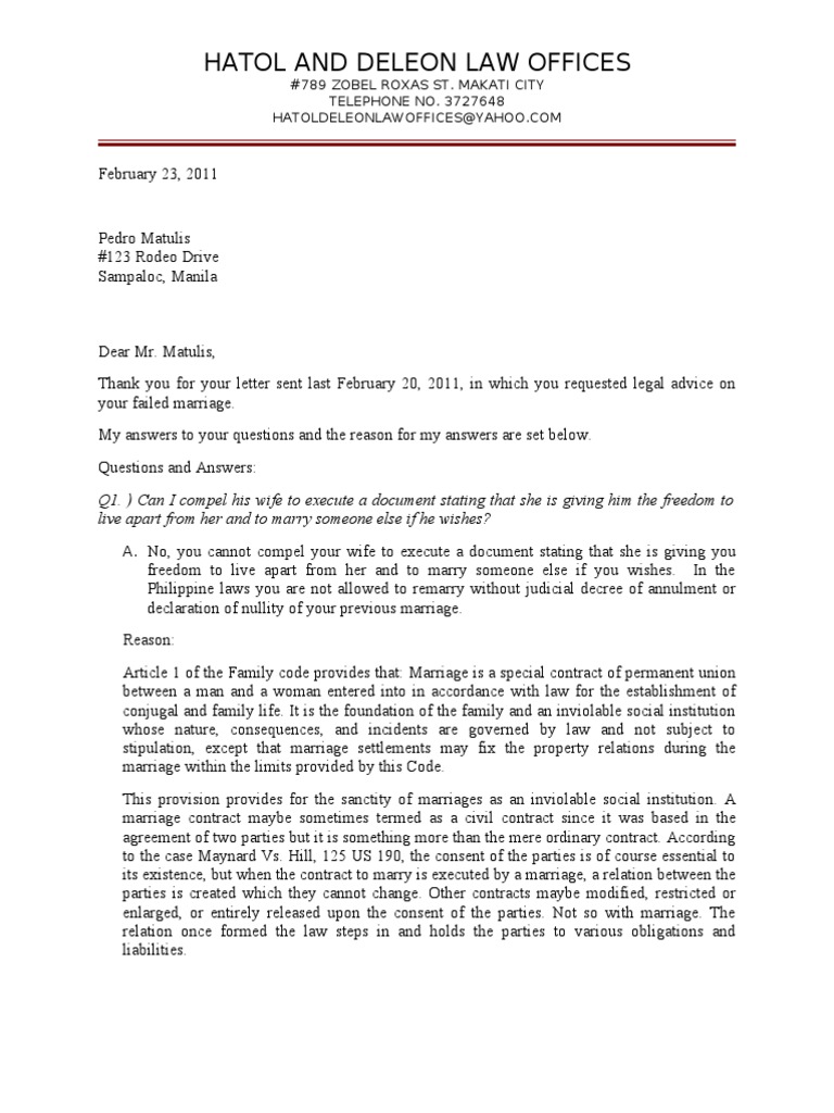 Legal Advice Letter Sample | PDF | Marriage | Wife