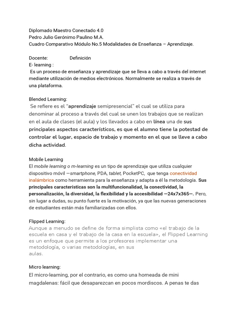 Análisis comparativo de modalidades de enseñanza-aprendizaje como el e-learning, blended ...