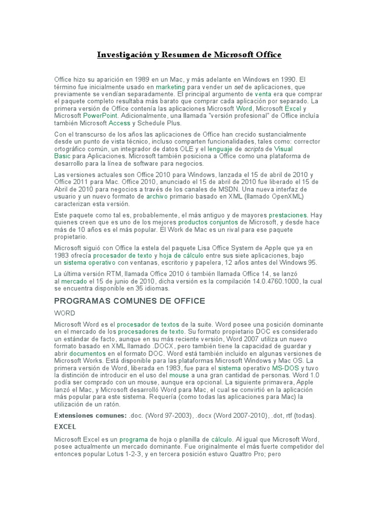Investigación y Resumen de Microsoft Office | PDF | Microsoft Office | Microsoft Word