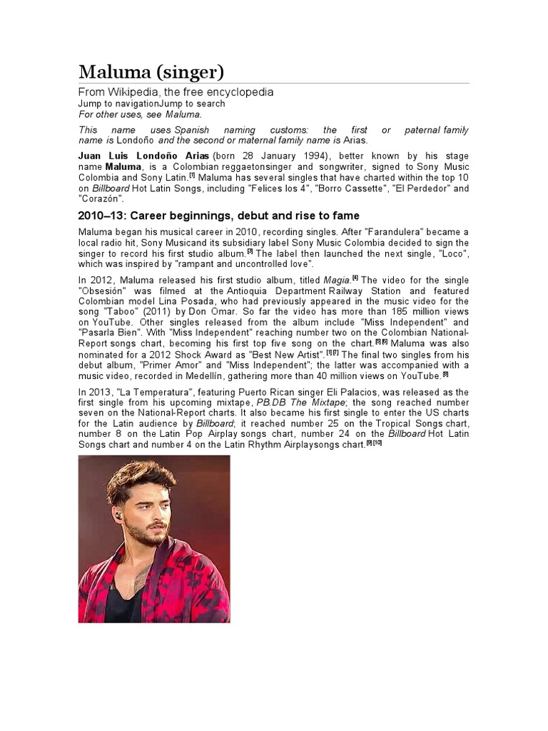 Maluma (Singer) : From Wikipedia, The Free Encyclopedia | PDF | Spanish ...
