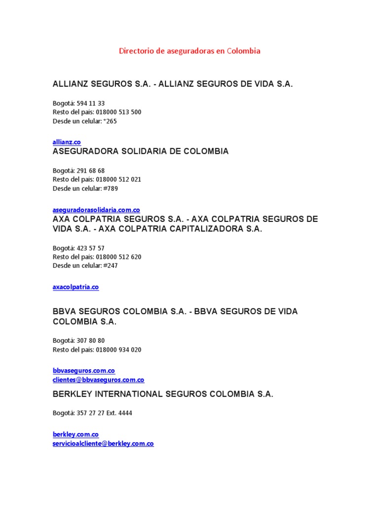 Directorio de Aseguradoras en Colombia | PDF | Póliza de seguros | Seguro