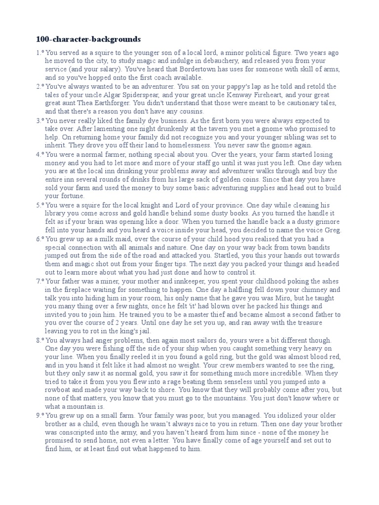 100 Character Backgrounds | PDF