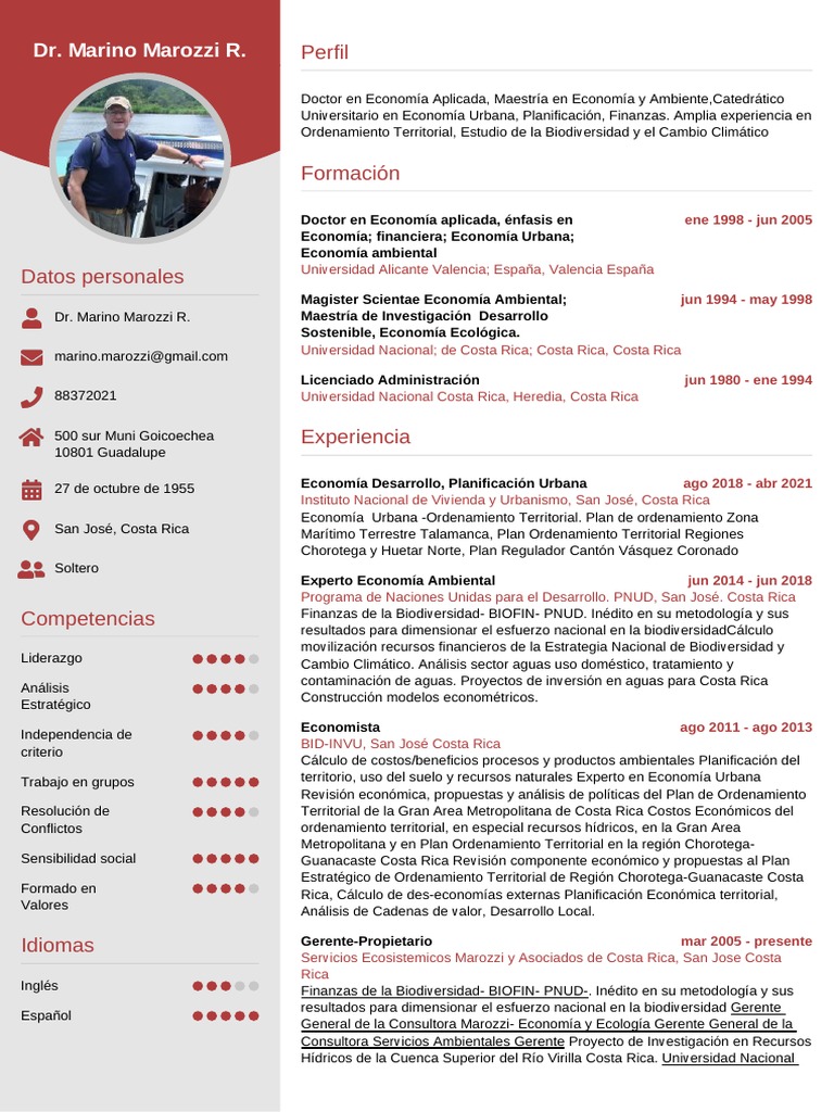 Curriculum Vitae Dr. Marino Marozzi R. 2021 | PDF | Costa Rica | Economista