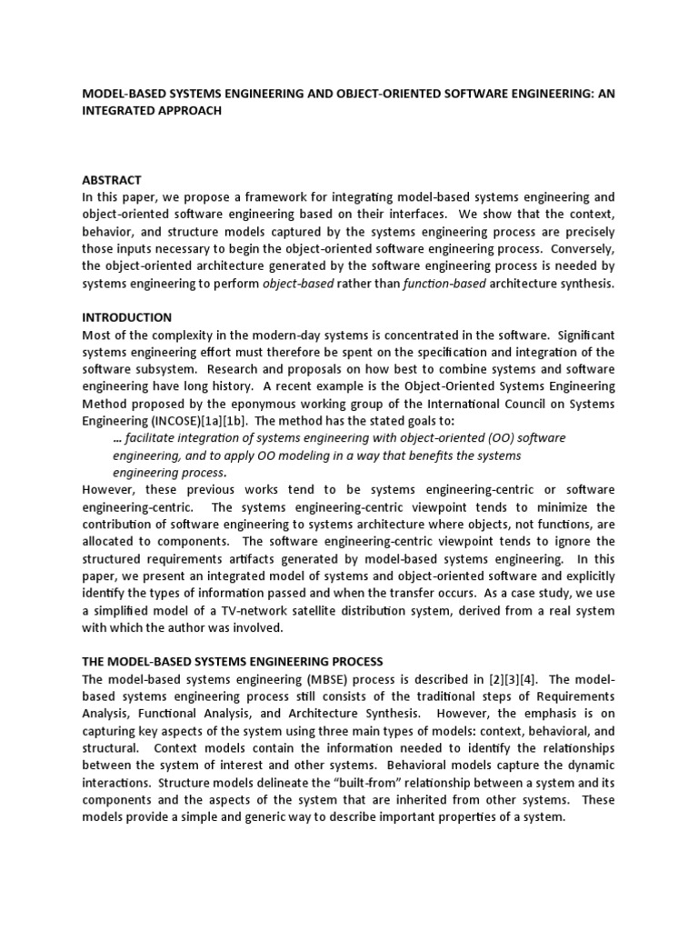 Integrated Approach To Model Based Systems Engineering And Object Oriented Software Engineering