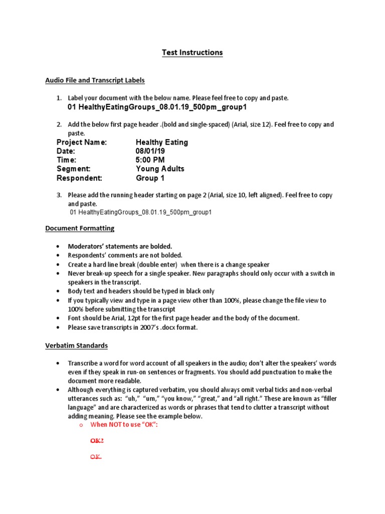 Test Instructions: Audio File and Transcript Labels 01 ...