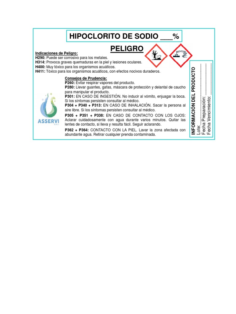 Etiqueta Quimico - Hipoclorito de Sodio | PDF